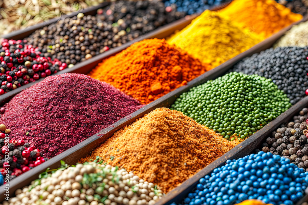 Background image of piles of colourful spices and flavourings. Stock ...