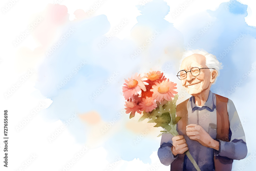 Watercolor old man holding flowers in blue sky background painting ...