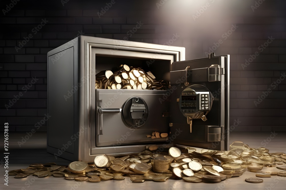 Golden coins and dollars fall out the opened metallic money safety box ...