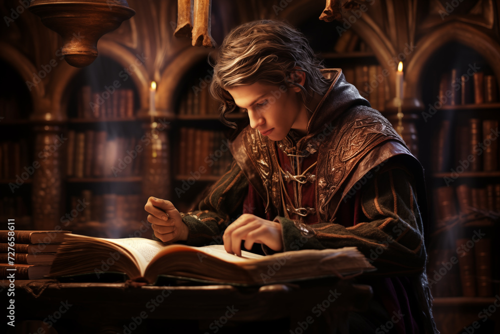 Elf reading ancient scrolls in a library of magical tomes. Fantasy ...