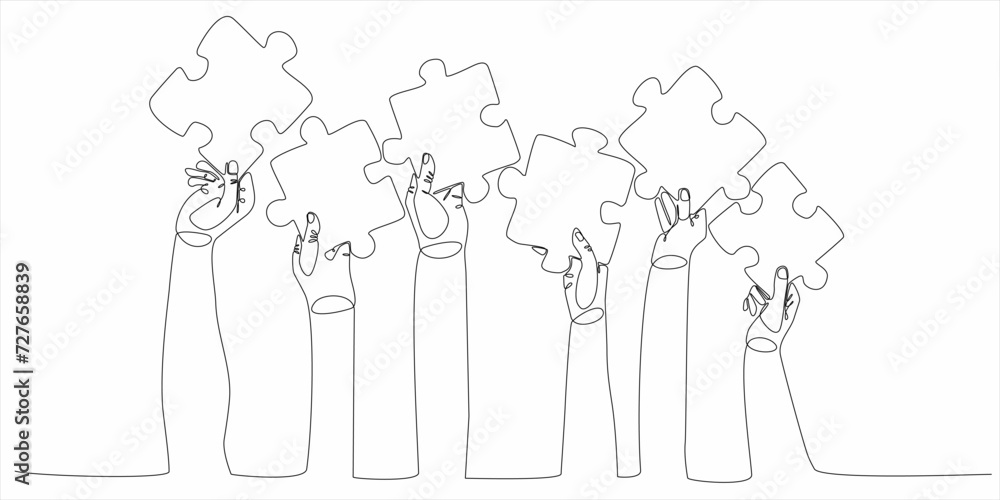 Continuous line drawing of hands solving six Puzzle Pieces. Business ...