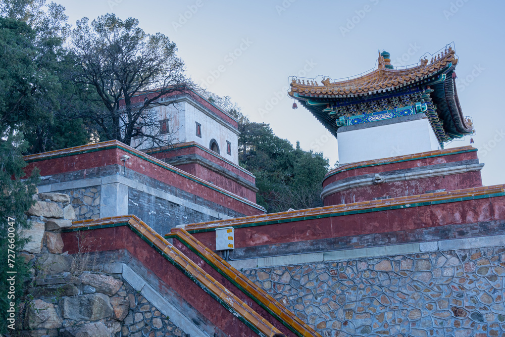 High towers of a Chinese old cultural palace with antique, traditional ...