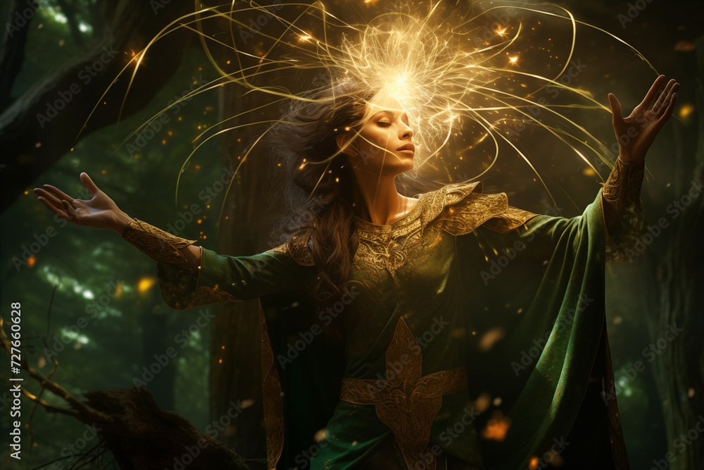 Elf casting a spell with magical runes in the air, dressed in elaborate ...
