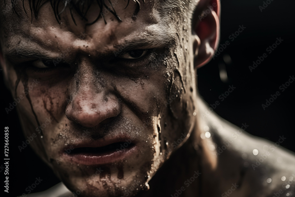 Fighter's face, displaying a mix of determination and fatigue during a ...