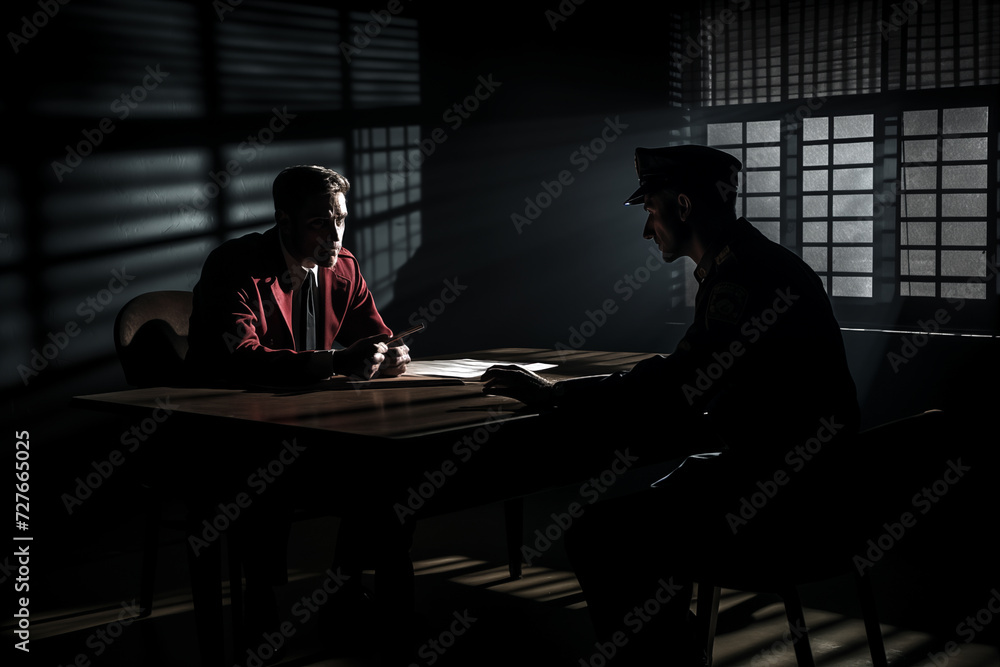 Detective interrogating suspect in dimly lit interrogation room ...