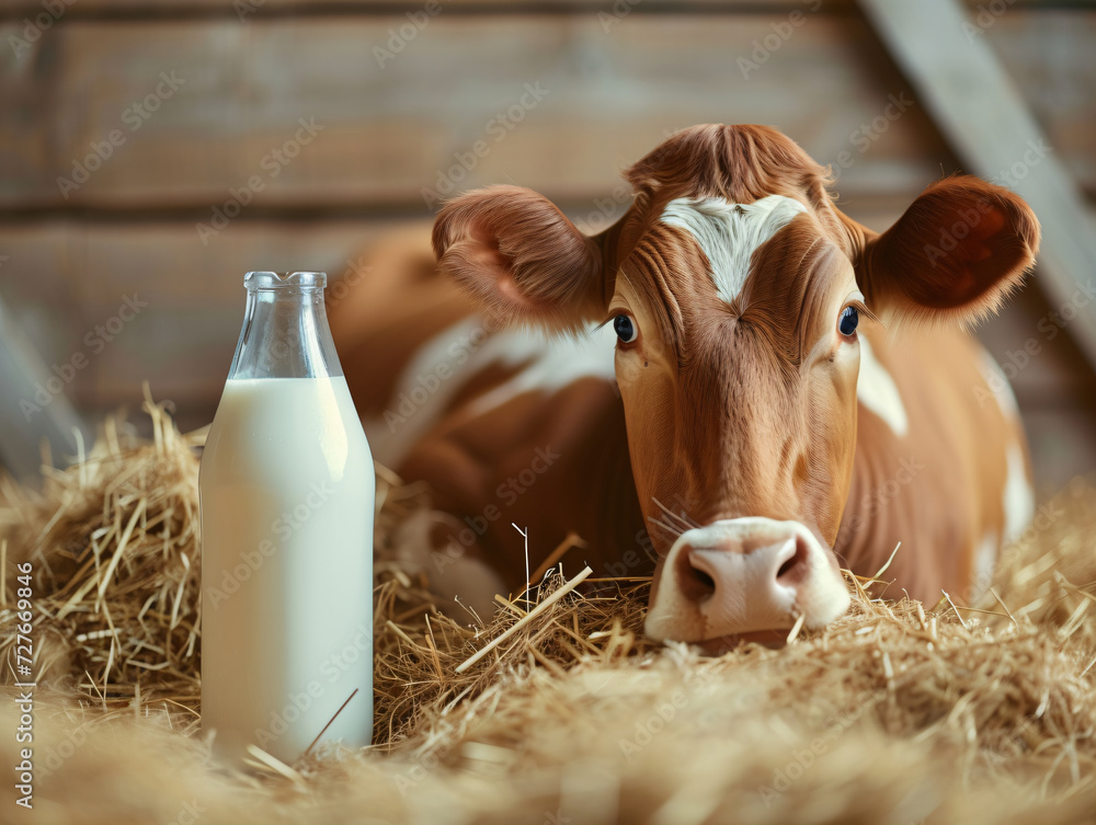 Brown cow peeking over milk bottle on hay. Studio animal portrait with ...