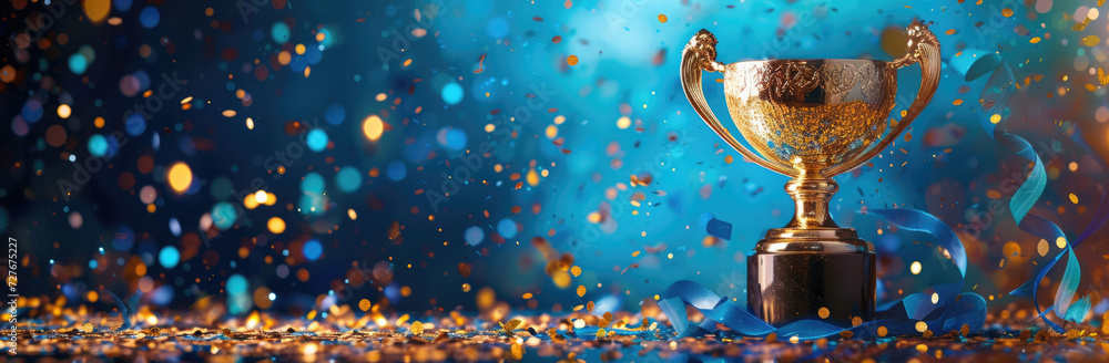 gold gaming trophy on a table with blue confetti championship cup or ...