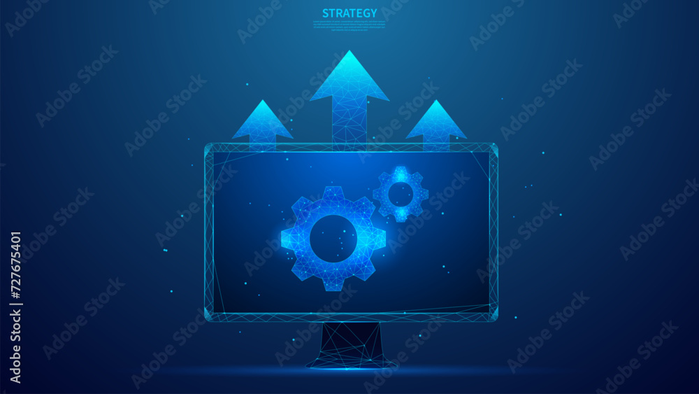 gear, laptop and arrow illustration. business strategy concept blue low ...