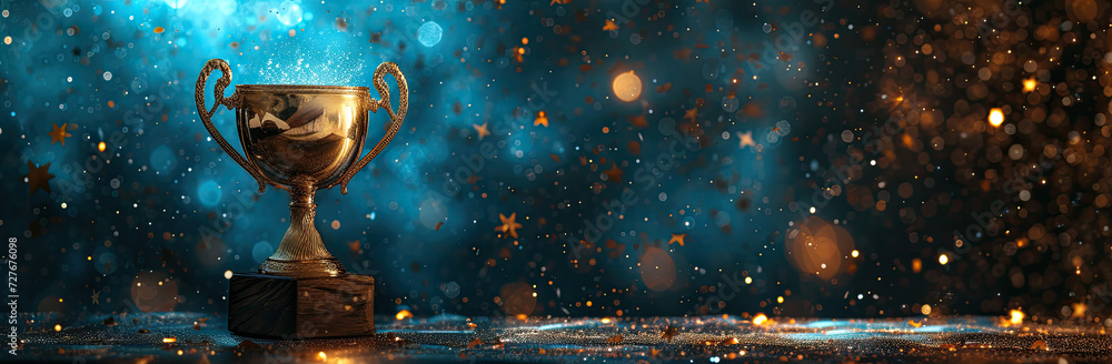 gold gaming trophy on a table with blue confetti championship cup or ...