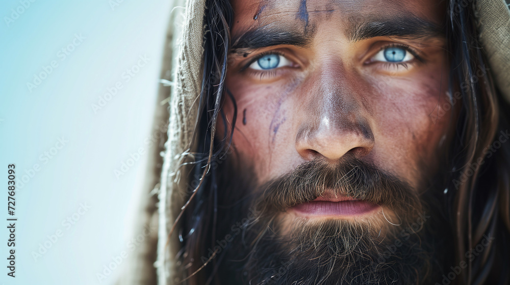 Closeup portrait of Jesus Christ with his beautiful blue eyes, profound ...
