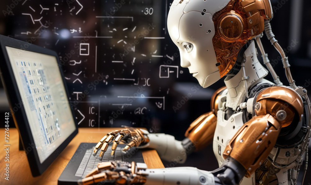 Advanced AI robot engaged in mathematics, attending a class with a ...