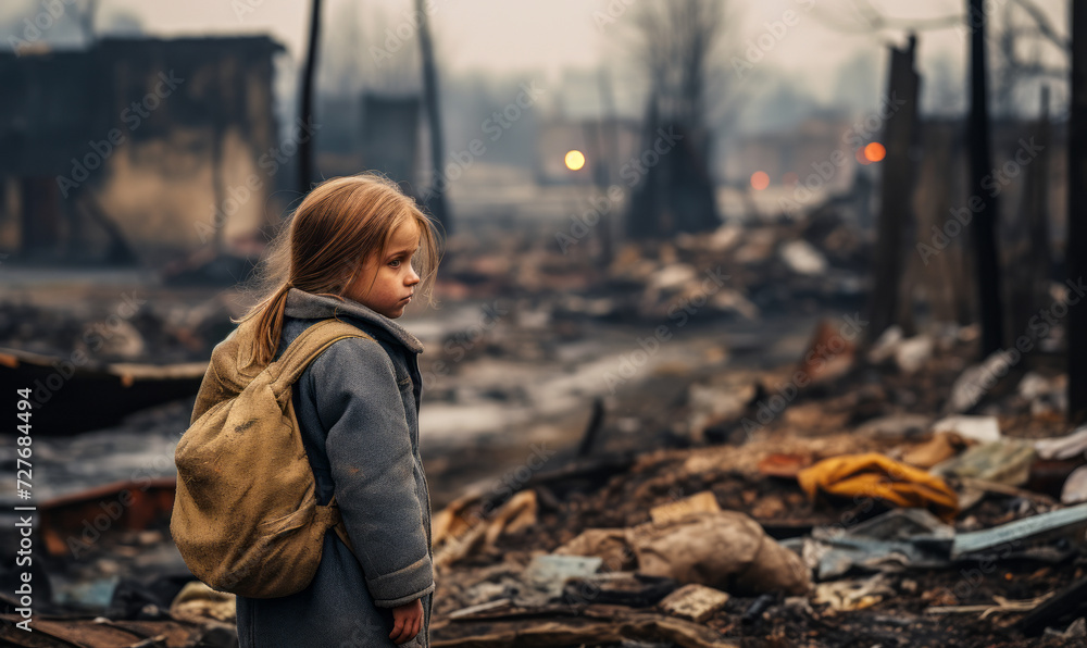 Little girl standing alone amidst the devastation of a burnt ...