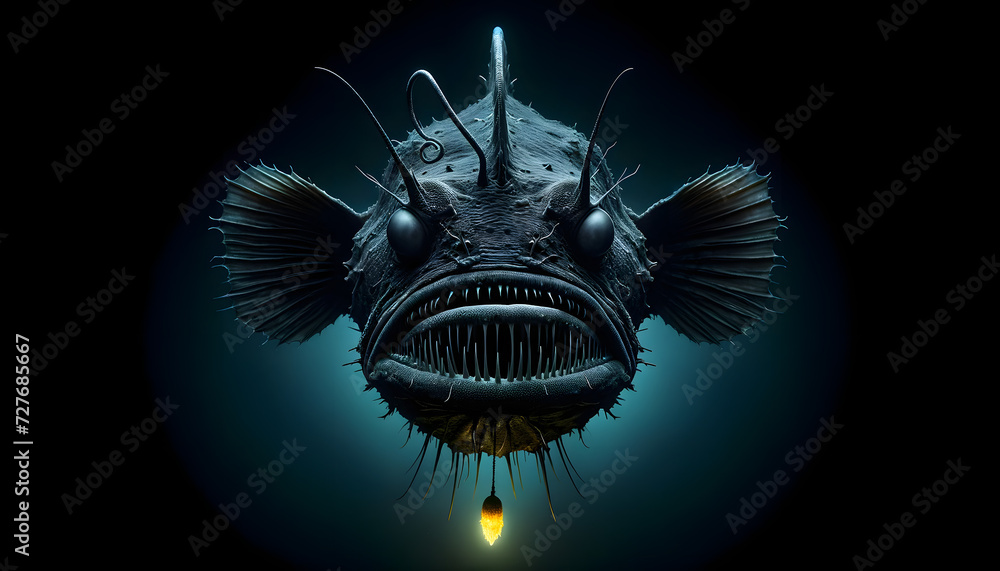 A close-up front view of a black devil fish (deep-sea anglerfish) on a ...