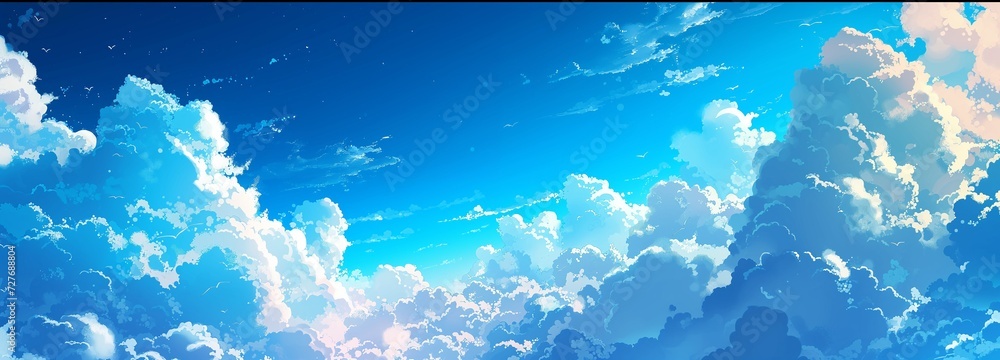 Expansive anime-style sky with layers of fluffy clouds tinged with soft ...
