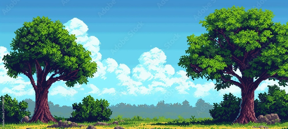 Pixel art scene showcasing a serene set of trees with lush canopies ...