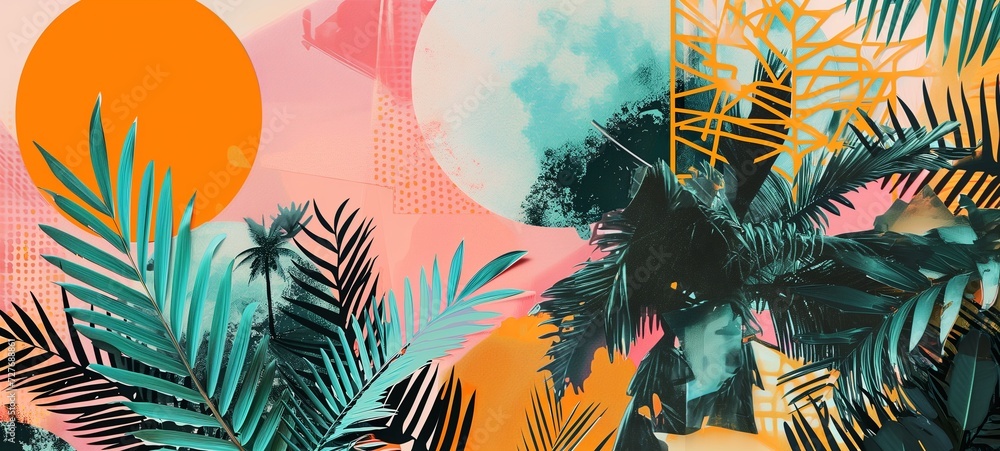 Tropical collage art featuring vivid palm fronds and geometric shapes ...