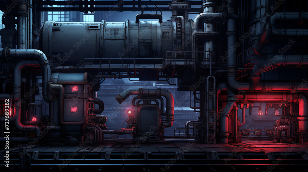 Futuristic Industrial Complex With A Cyberpunk Aesthetic For 2d Platformer Game Stock