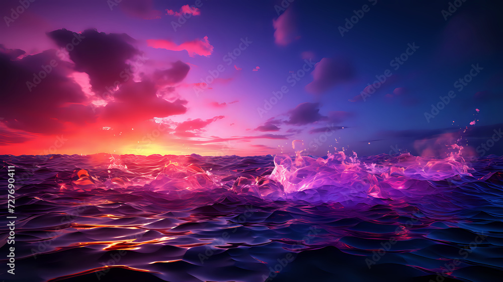 Surreal Ocean Sunset: Digital Artistry. A surreal digital ocean with a ...