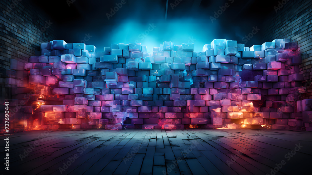 Neon-Illuminated Ice Blocks in Warehouse. A dramatic scene with ice ...