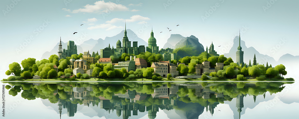 Tranquil City Reflection: Eco-Urban Concept. A serene cityscape with ...