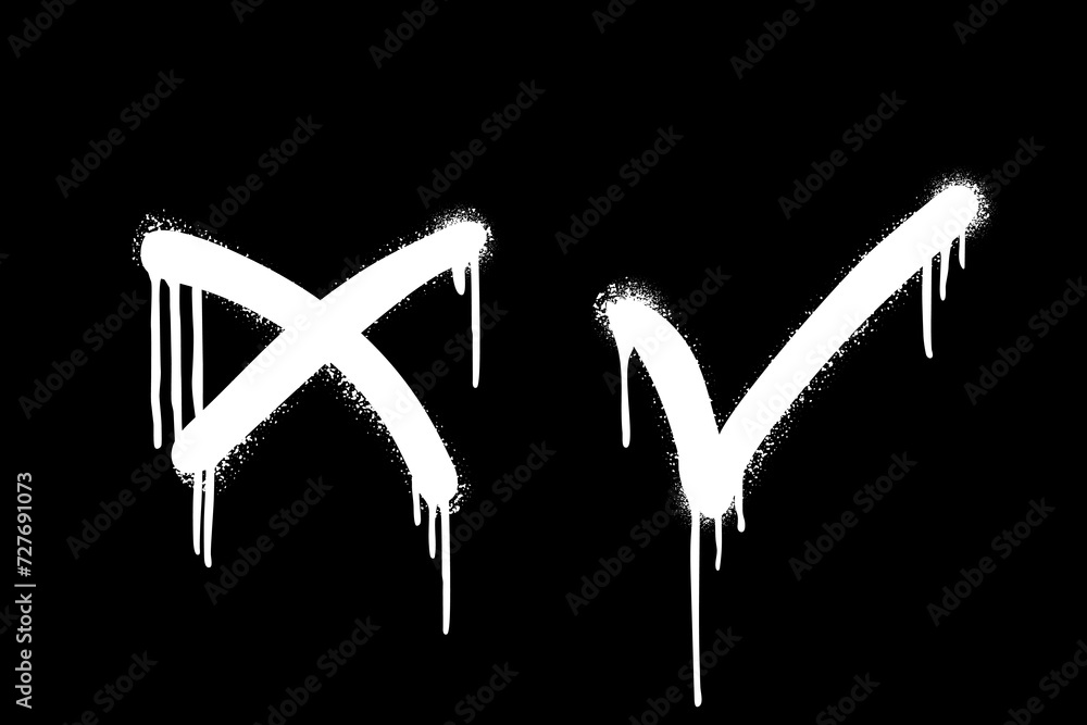 Spray painted cross and tick marks graffiti set. Signs yes and no brush ...