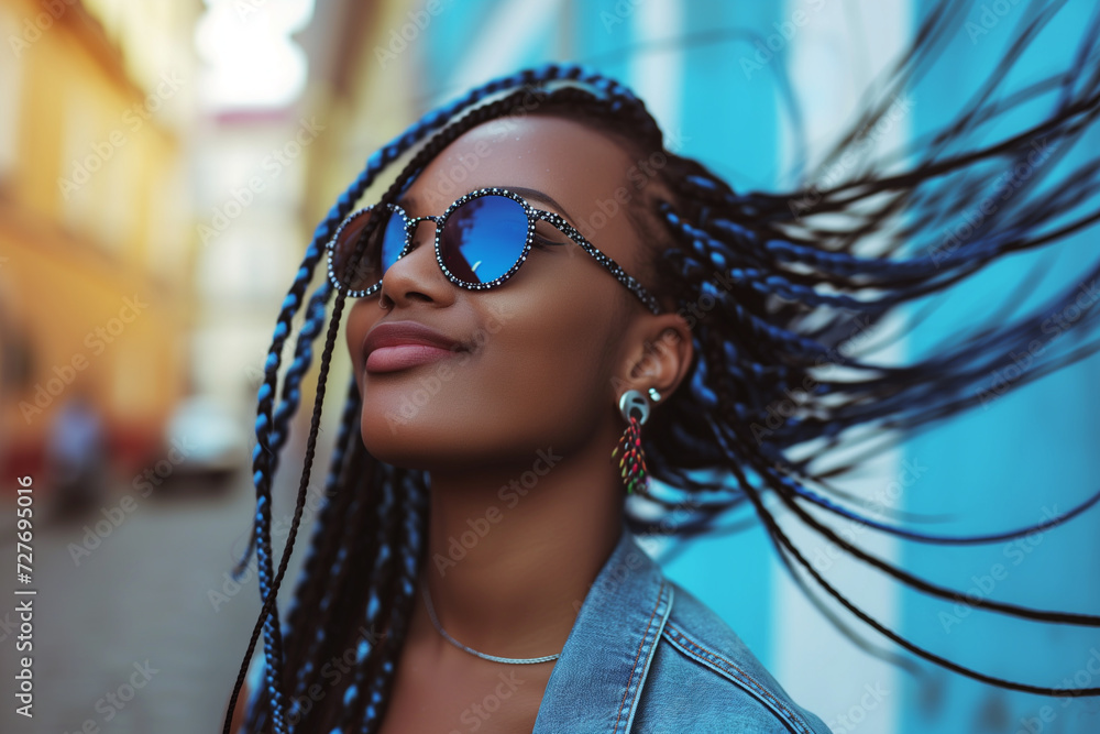 Beautiful young woman with dreadlocks in of street. Young girl with ...