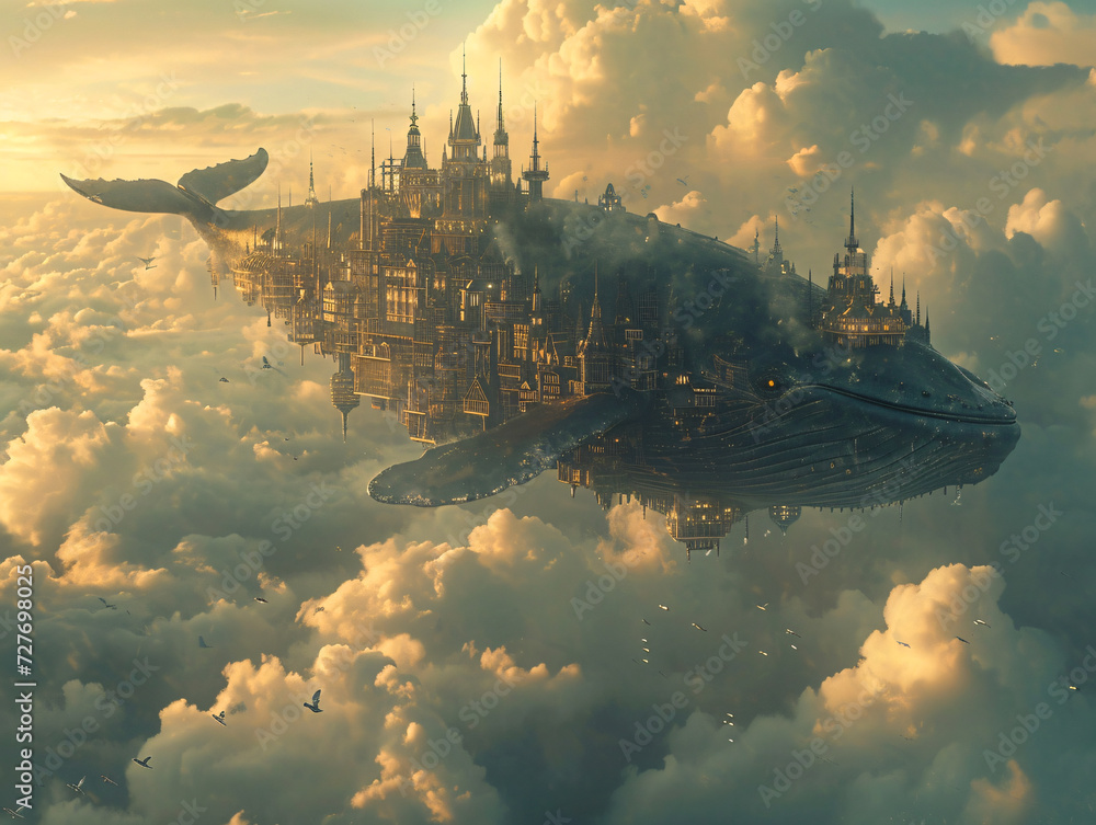 A giant whale flying through the sky. The whale is large and blue, and ...