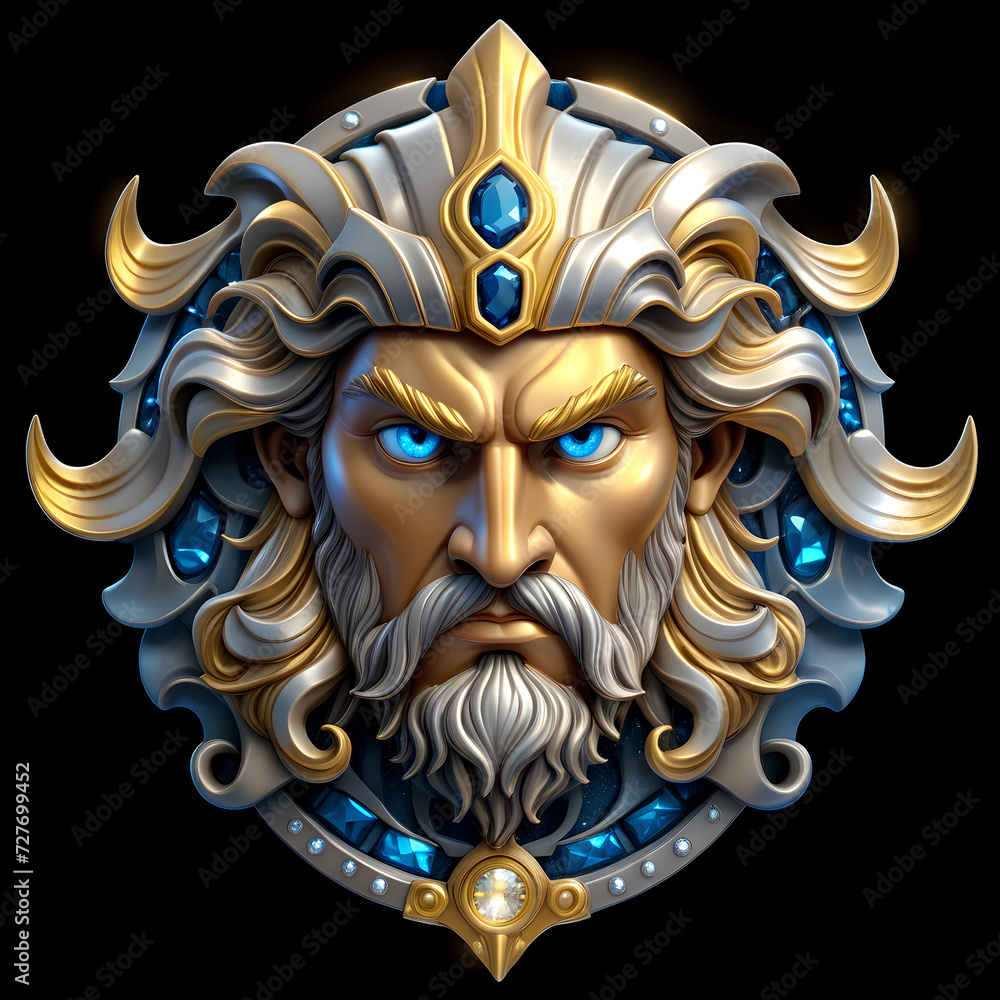 A gold and blue gems Poseidon head metal emblem. 3D style artifact ...