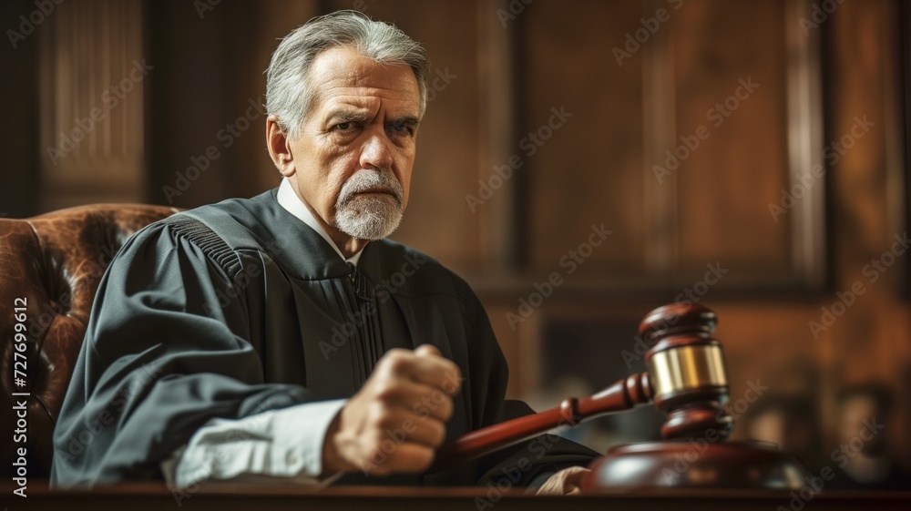 stern judge in a courtroom with a gavel, symbolizing power and the ...