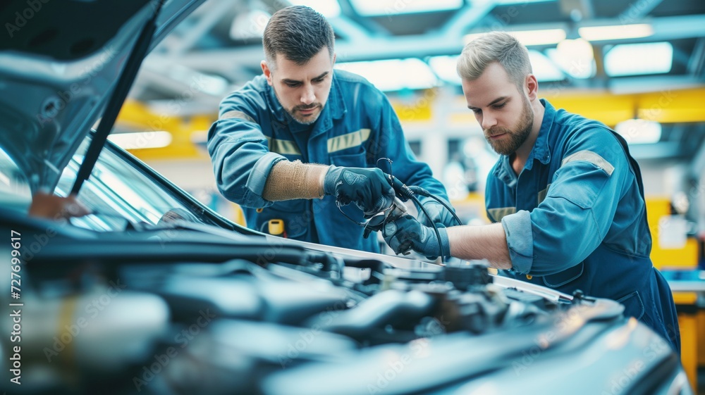 two mechanics working on a car engine, one holding some part and the ...
