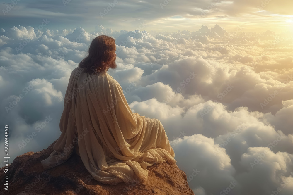 Back view of Jesus christ ascending to heaven above the bright light ...