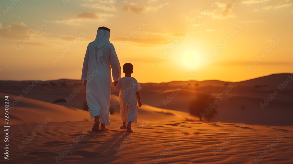 Arab Father and son walking in the desert, Middle-eastern father and ...