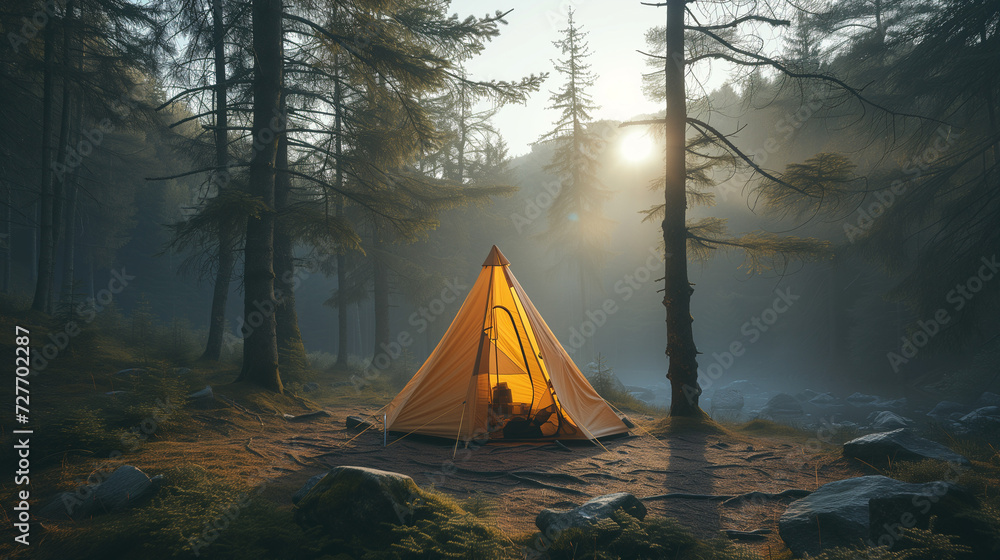 camping in the morning with fog, Campsite with a yellow tent with a ...