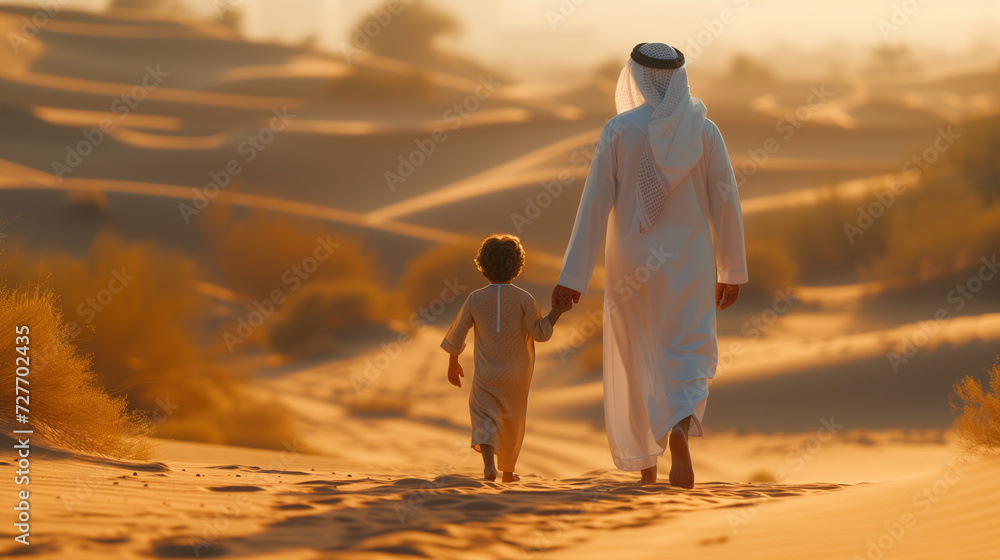 Middle-eastern father and son wearing arab traditional kandura spending ...