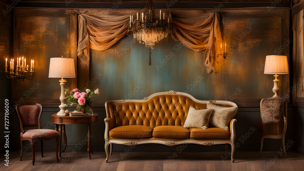 a vintage atmosphere, featuring antique furniture, retro decor, and a ...