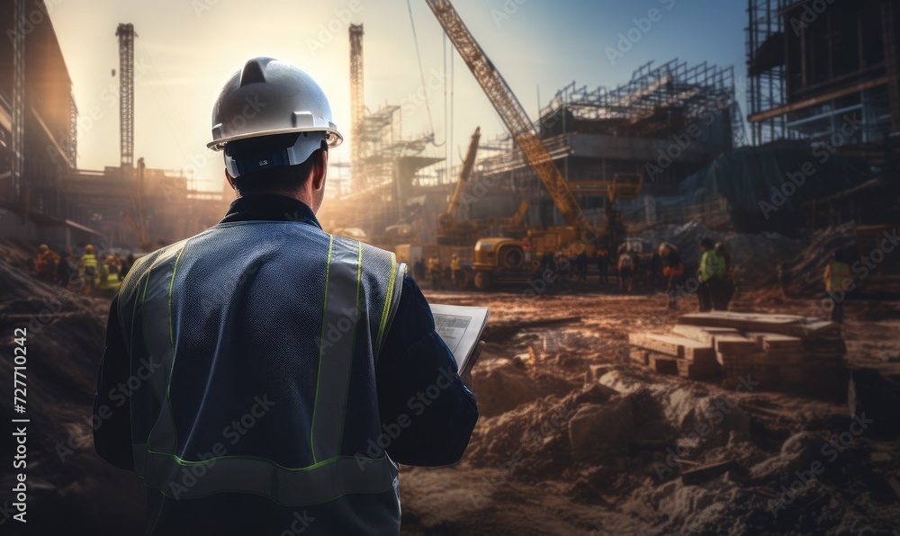 Back shot of civil engineer who controls the construction process at ...