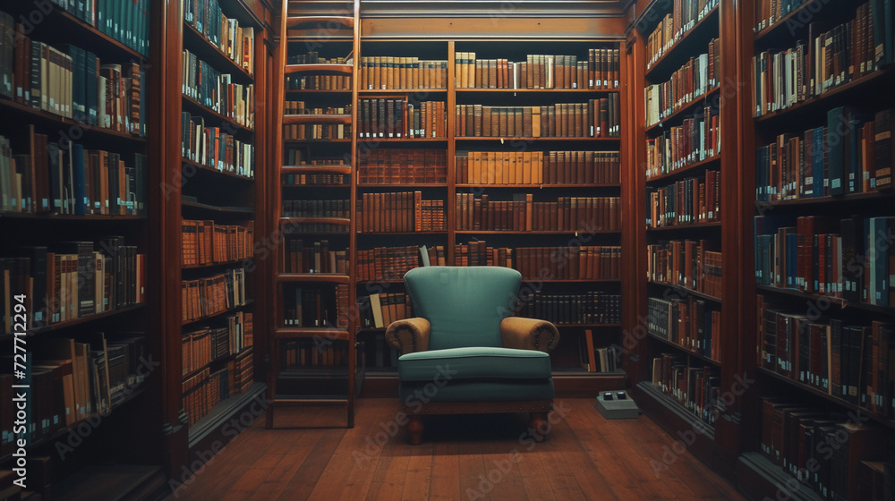 serene library scene, shelves lined with books on personal development ...