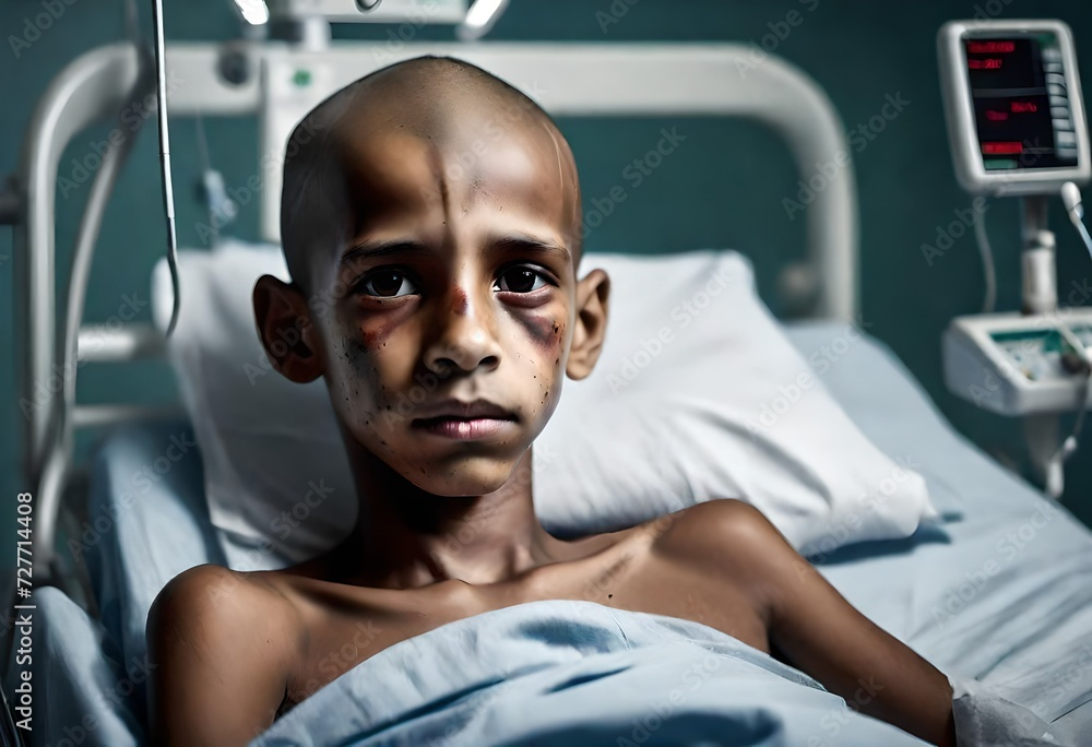 An young bald handsome male boy child sick with a disease or illness ...