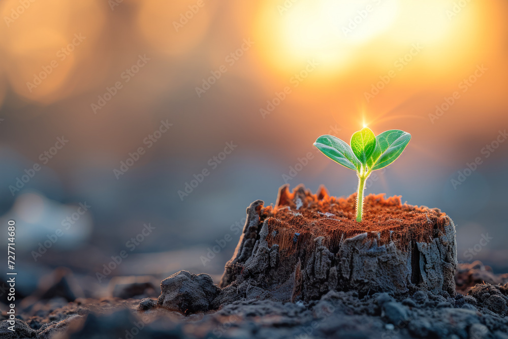 a seedling growing up from center trunk tree stump dead tree shinning a ...