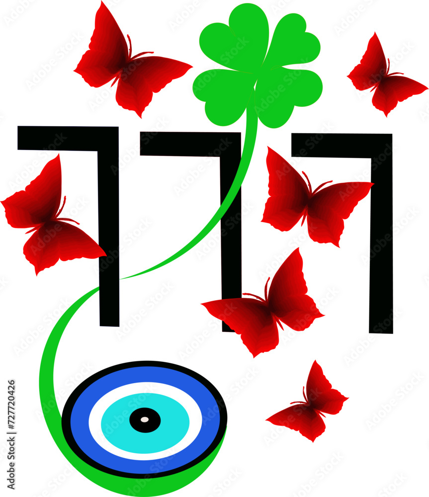 Good luck symbols, evil eye, triple seven, butterflies and a clover ...