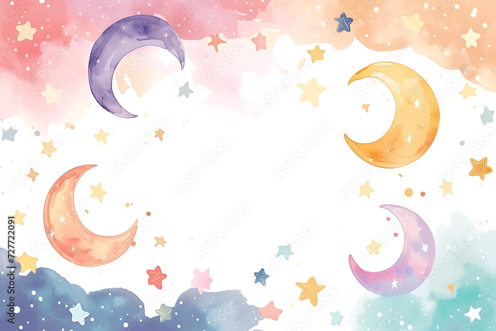 Cute cartoon moons frame border in the sky on background in watercolor ...