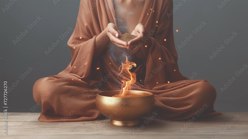 Hands of a spiritual medicine woman burning medicinal herbs in a bowl ...