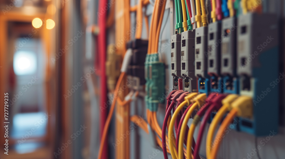 Wires connected to an electric panel in a data center. Selective focus ...