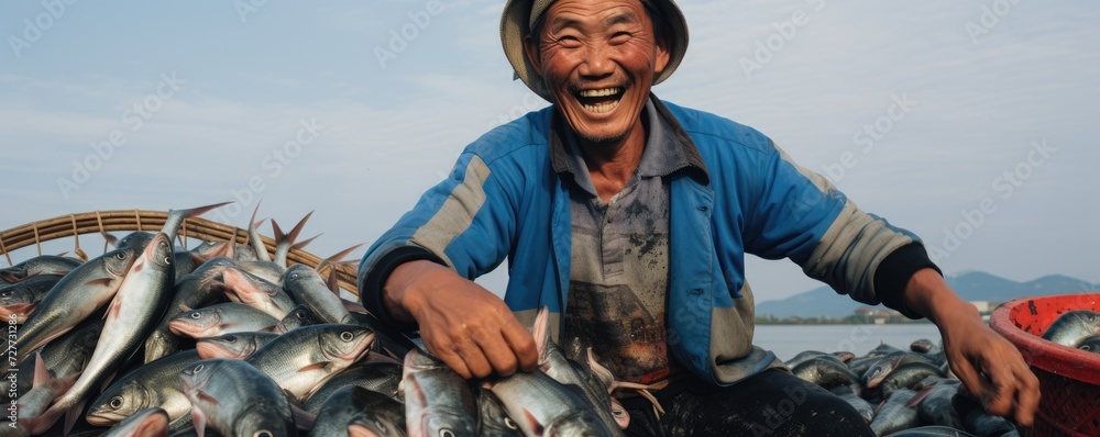 Happy asian fisherman with a lot of fishes on a fishing boat Stock ...