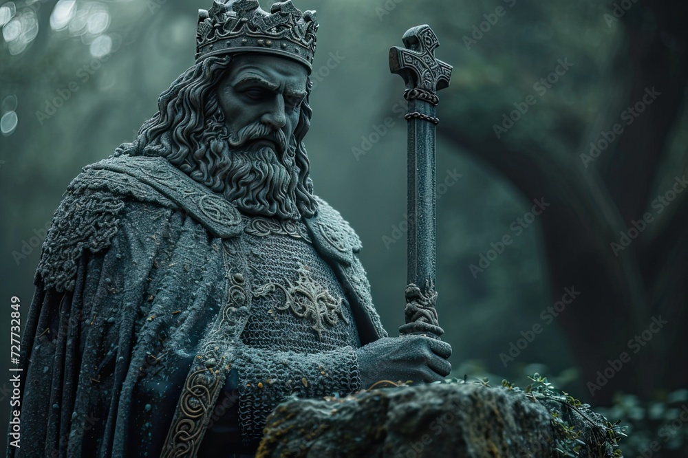 King Arthur statue pulling out excalibur from the stone. Stock ...