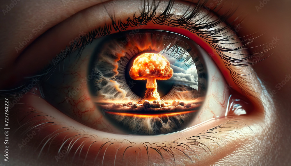 Atomic explosion mushroom cloud reflected in an eye.Powerful countries ...