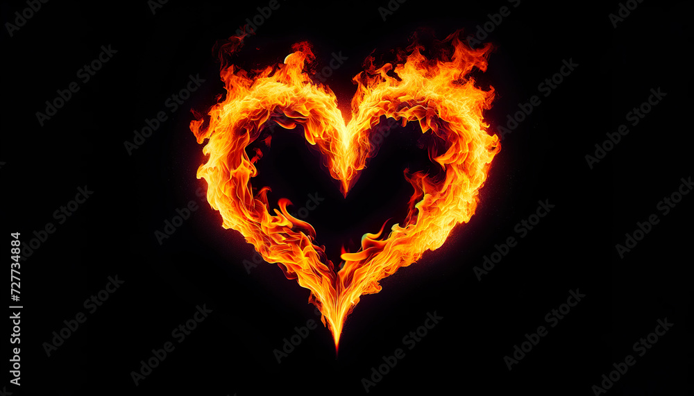 Flaming heart shape on a black background.Burning love begins with a ...
