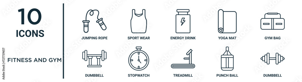 fitness and gym outline icon set such as thin line jumping rope, energy ...