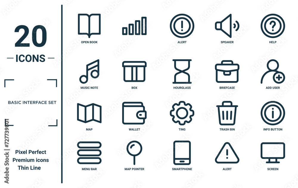 basic interface set linear icon set. includes thin line open book, music note, map, menu bar ...