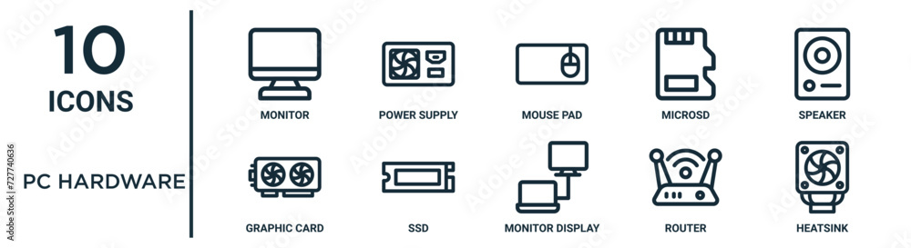 pc hardware outline icon set such as thin line monitor, mouse pad ...